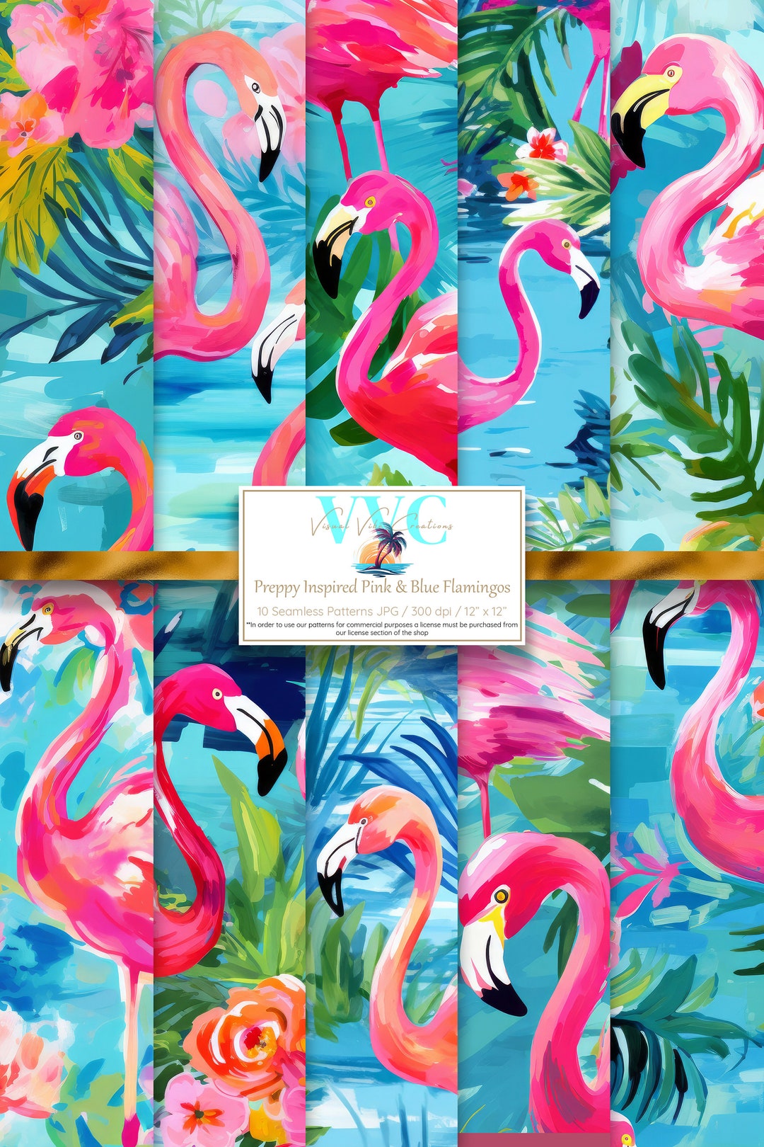Preppy Inspired Pink & Blue Flamingos Digital Paper, 10 Seamless Floral ...