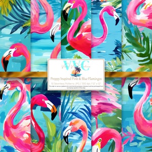 Preppy Inspired Pink & Blue Flamingos Digital Paper, 10 Seamless Floral ...