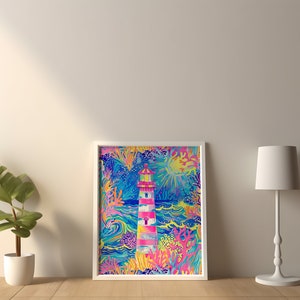 Preppy Coral Lighthouse Digital Paper, 1 Seamless Tropical Pattern for ...