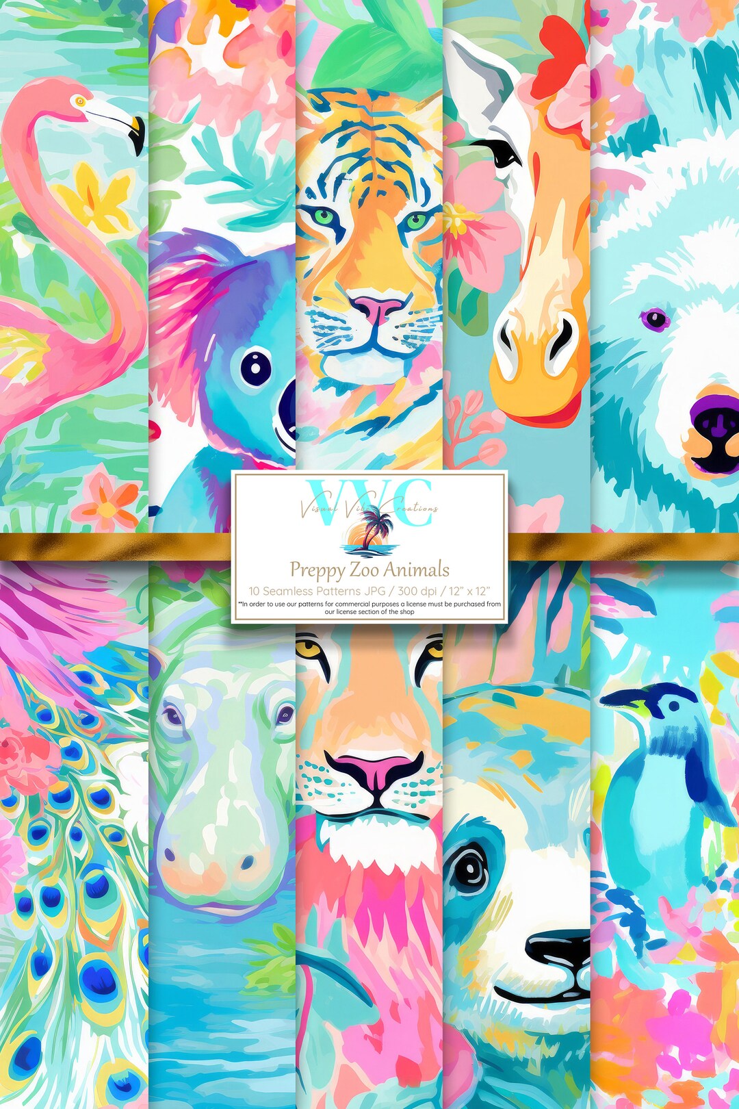 Preppy Zoo Animals Digital Paper, 10 Seamless Patterns for Printable ...