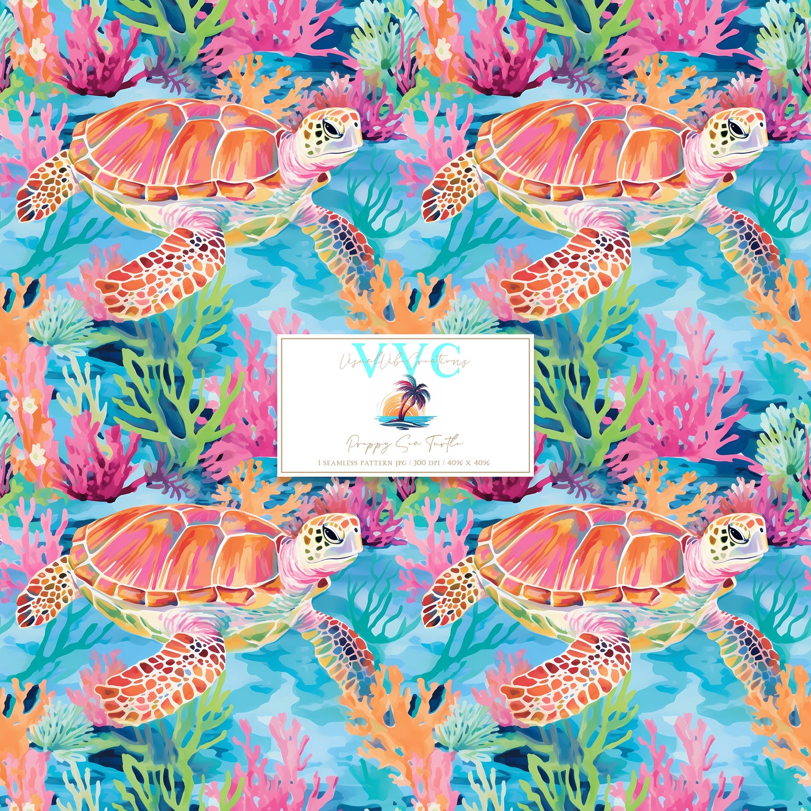 Preppy Sea Turtle Digital Paper, 1 Seamless Pattern for Printable ...