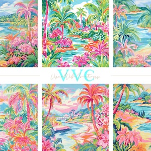 Tropical Preppy Palm Tree, 10 Non-seamless Colorful Digital Papers ...