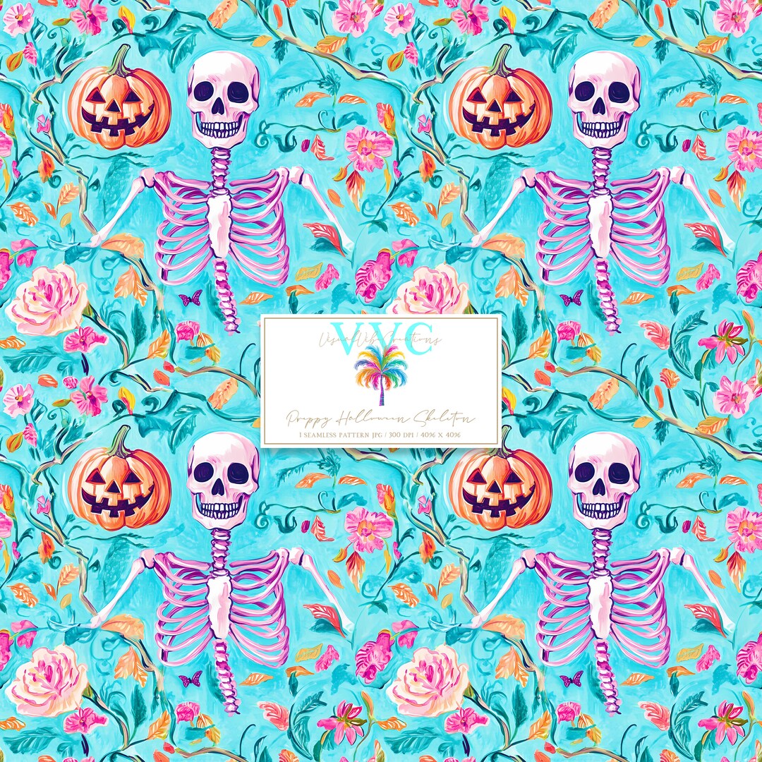 Preppy Halloween Skeleton Digital Paper, 1 Seamless Pattern for ...