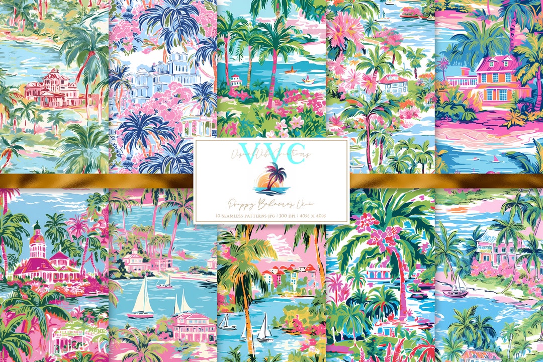 Preppy Bahamas View Digital Paper, 10 Seamless Preppy Patterns for ...