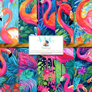 Flamingo Digital Paper, 10 Seamless Preppy Colorful Floral Patterns for ...