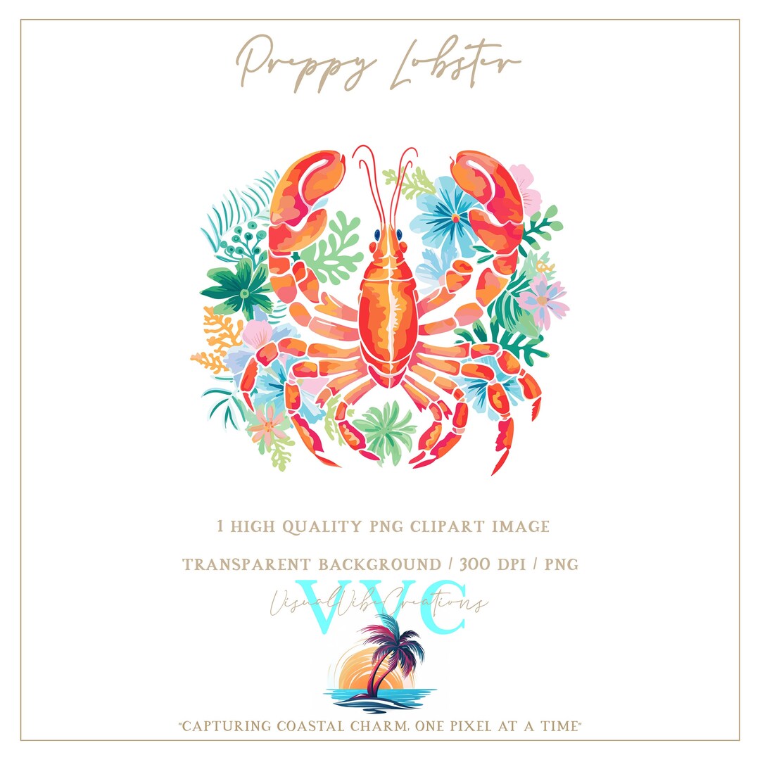 Preppy Lobster Clip Art - Transparent Background in PNG - Floral, Beach ...