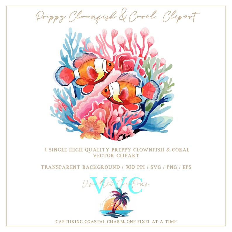 Preppy Clownfish & Coral Clipart Transparent Background in - Etsy