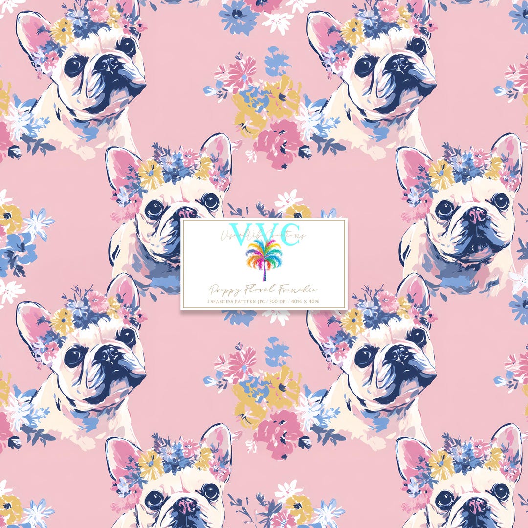 Preppy Floral Frenchie, 1 Seamless Pattern, French Bulldogs With Flower ...