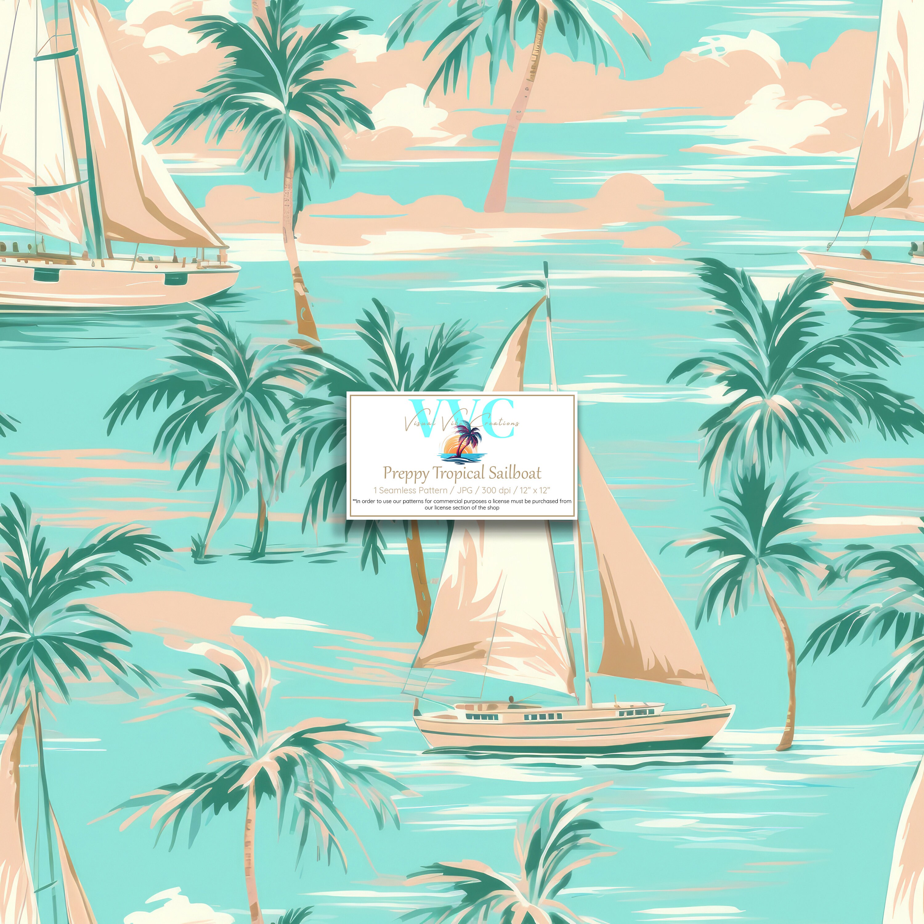 Preppy Tropical Sailboat Digital Paper, 1 Seamless Pattern for ...