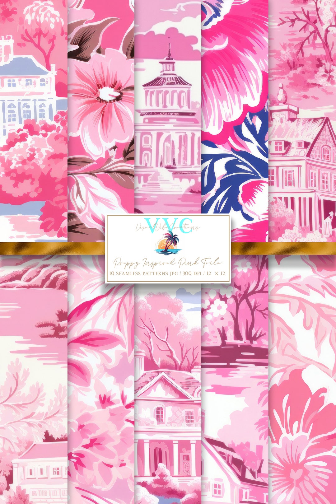 Preppy Inspired Pink Toile Digital Paper, 10 Seamless Patterns for ...