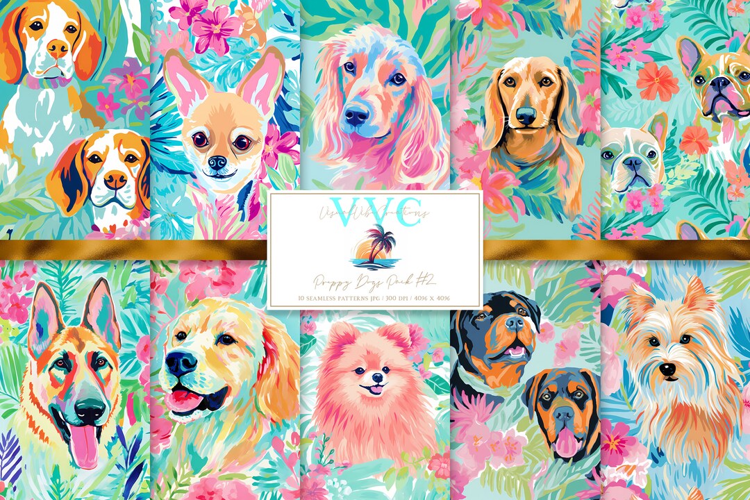 Preppy Dogs Pack #2 Digital Paper, 10 Seamless Patterns for Printable ...