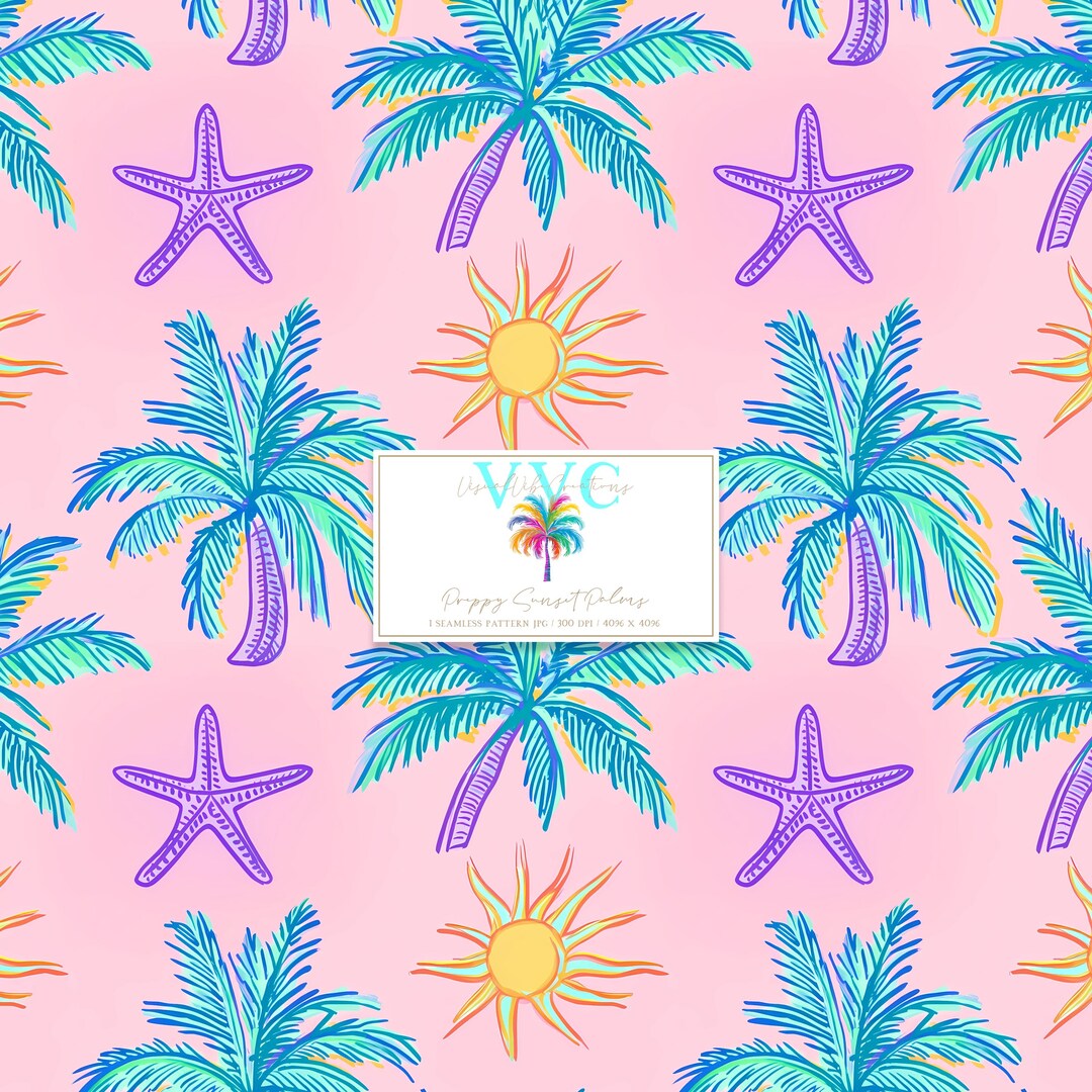 Preppy Sunset Palms, 1 Seamless Tropical Beach Pattern With Colorful ...