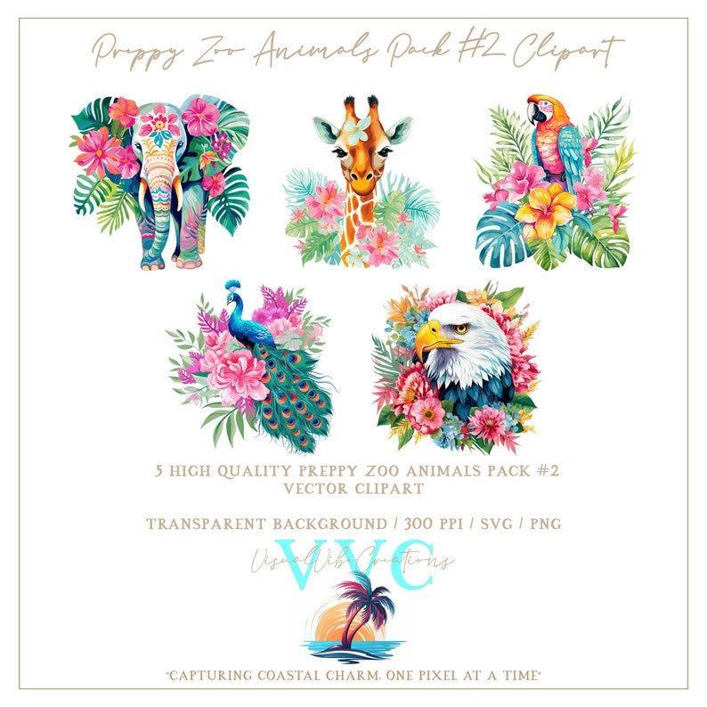 Preppy Zoo Animals Pack 2 Clipart Pack of 5 Transparent - Etsy