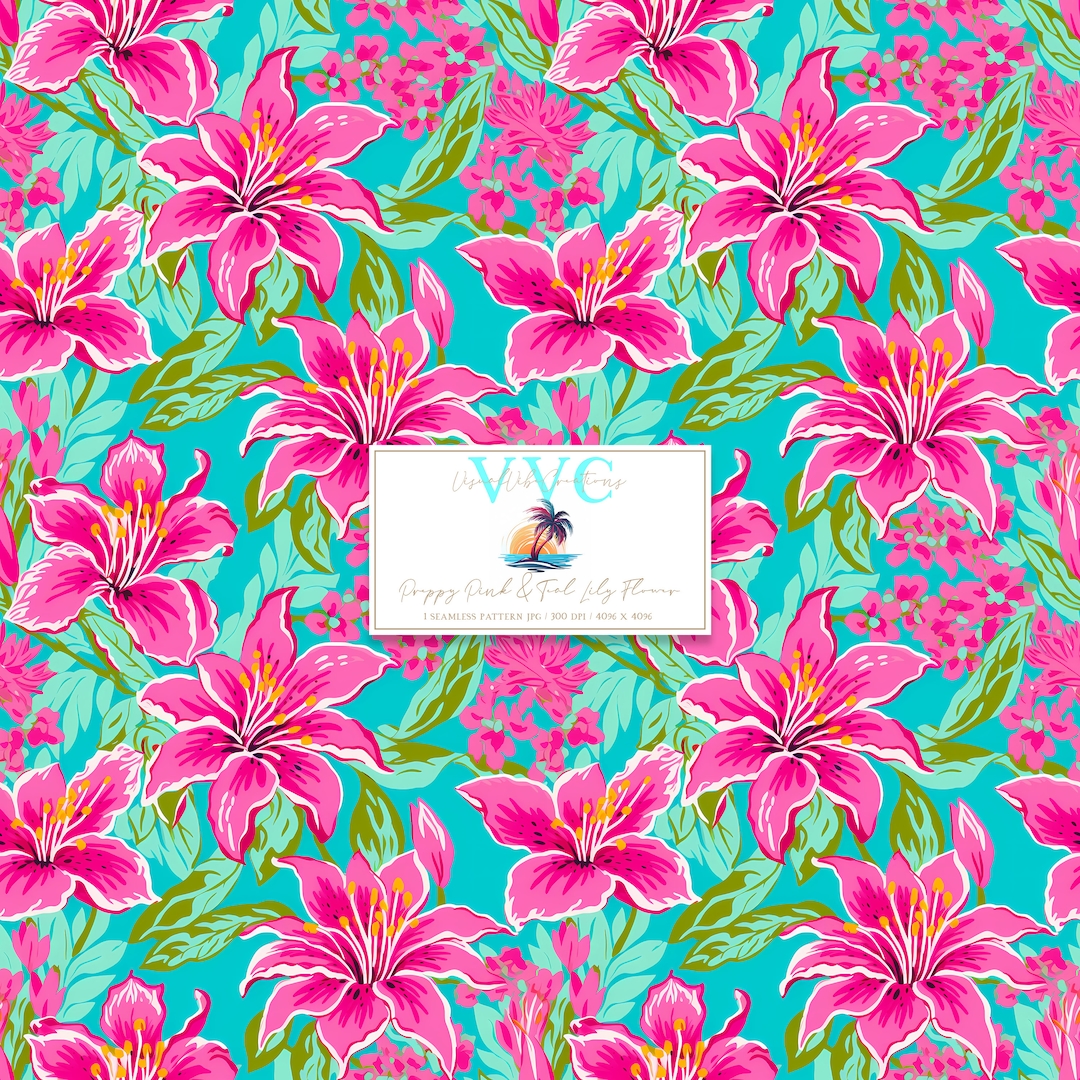 Preppy Pink & Teal Lily Flower Digital Paper, 1 Seamless Tropical ...