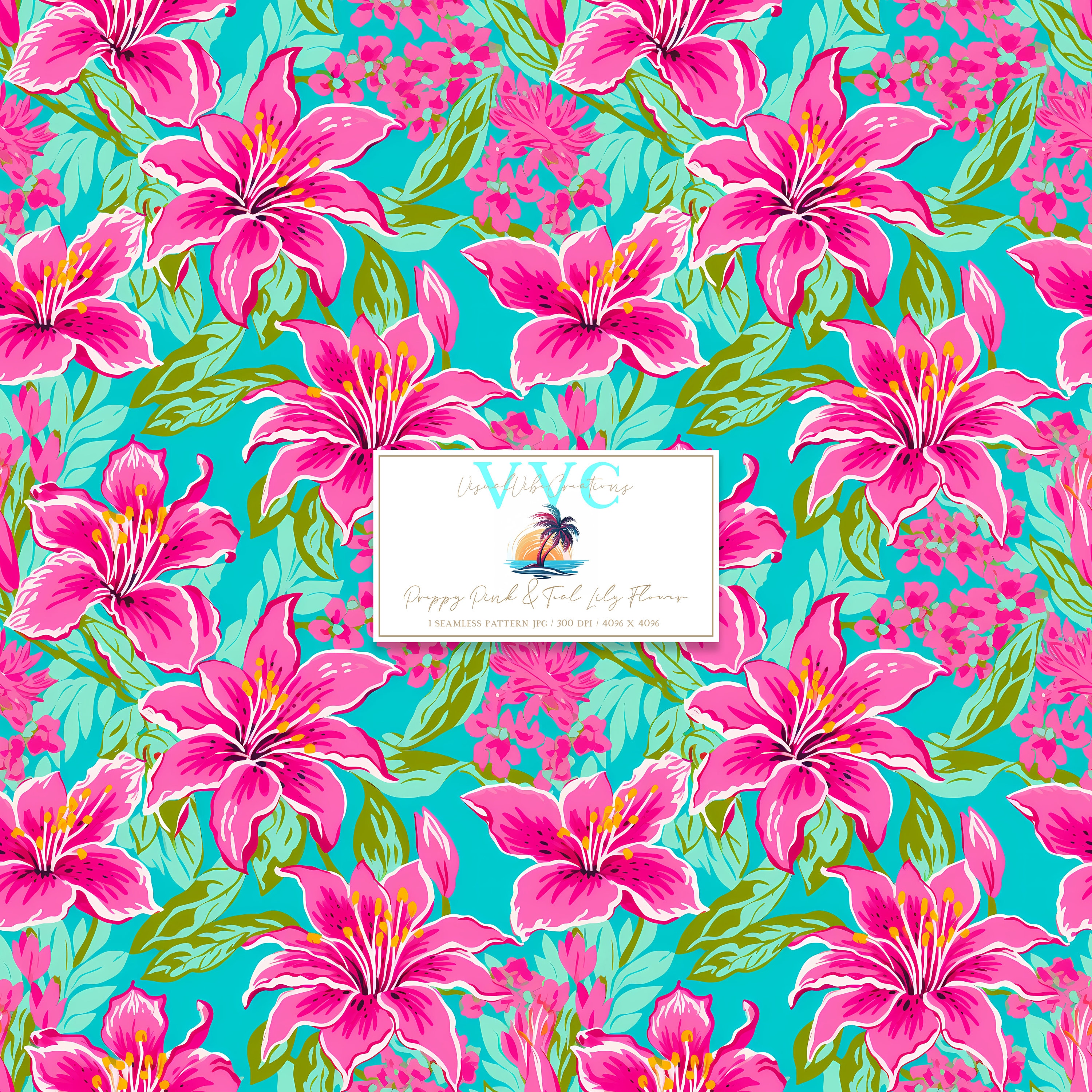 Preppy Pink & Teal Lily Flower Digital Paper, 1 Seamless Tropical ...