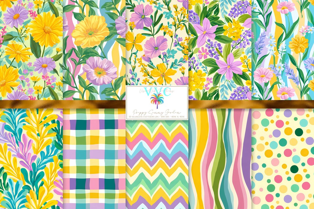 Preppy Sunny Garden, 10 Seamless Patterns, Floral Digital Paper Bundle ...
