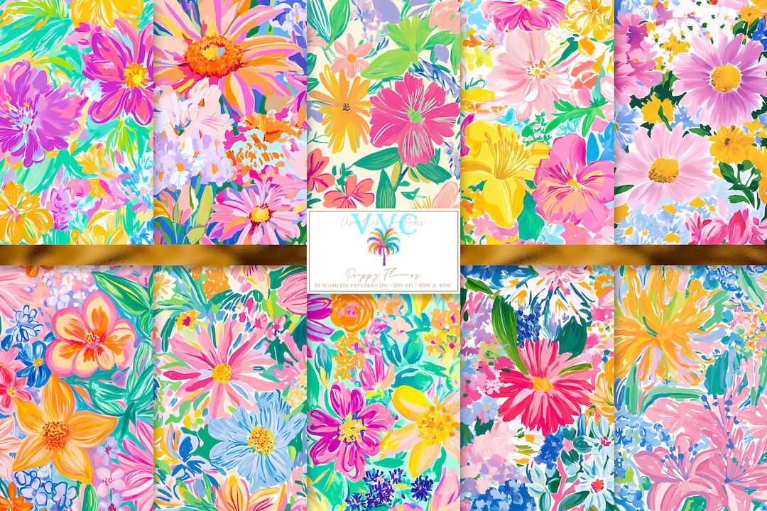 Preppy Flowers Digital Paper, 10 Seamless Patterns for Printable ...