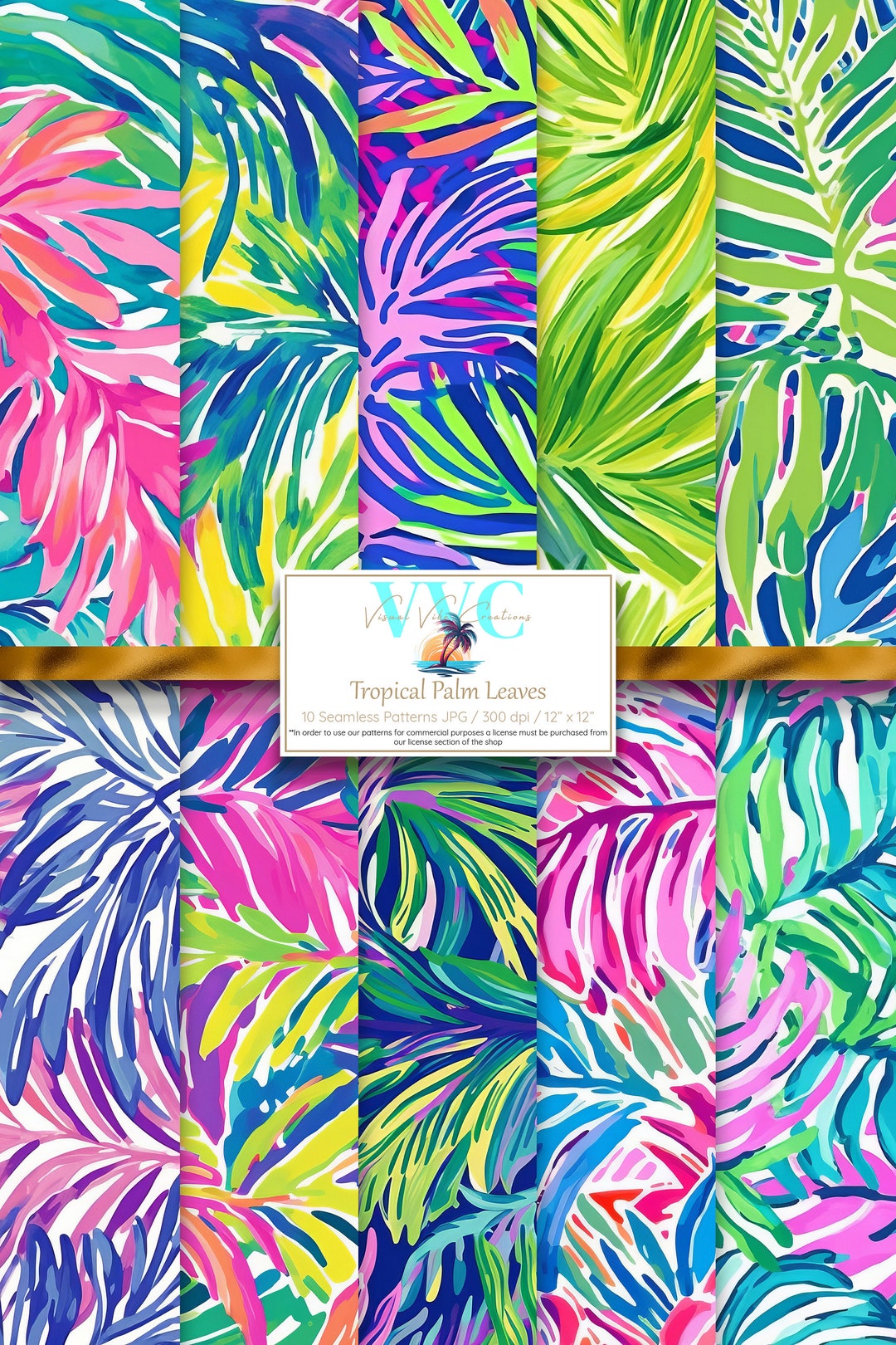 Tropical Palm Leaves Digital Paper, 10 Seamless Preppy Floral Patterns ...