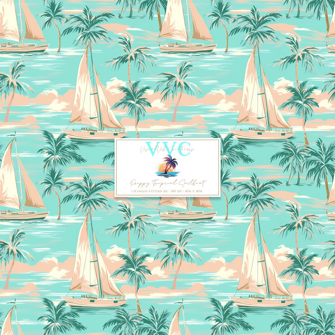 Preppy Tropical Sailboat Digital Paper, 1 Seamless Pattern for ...