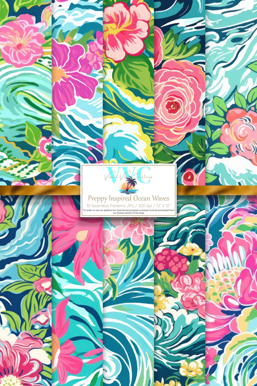 Preppy Inspired Ocean Waves Digital Paper, 10 Seamless Colorful Beach ...