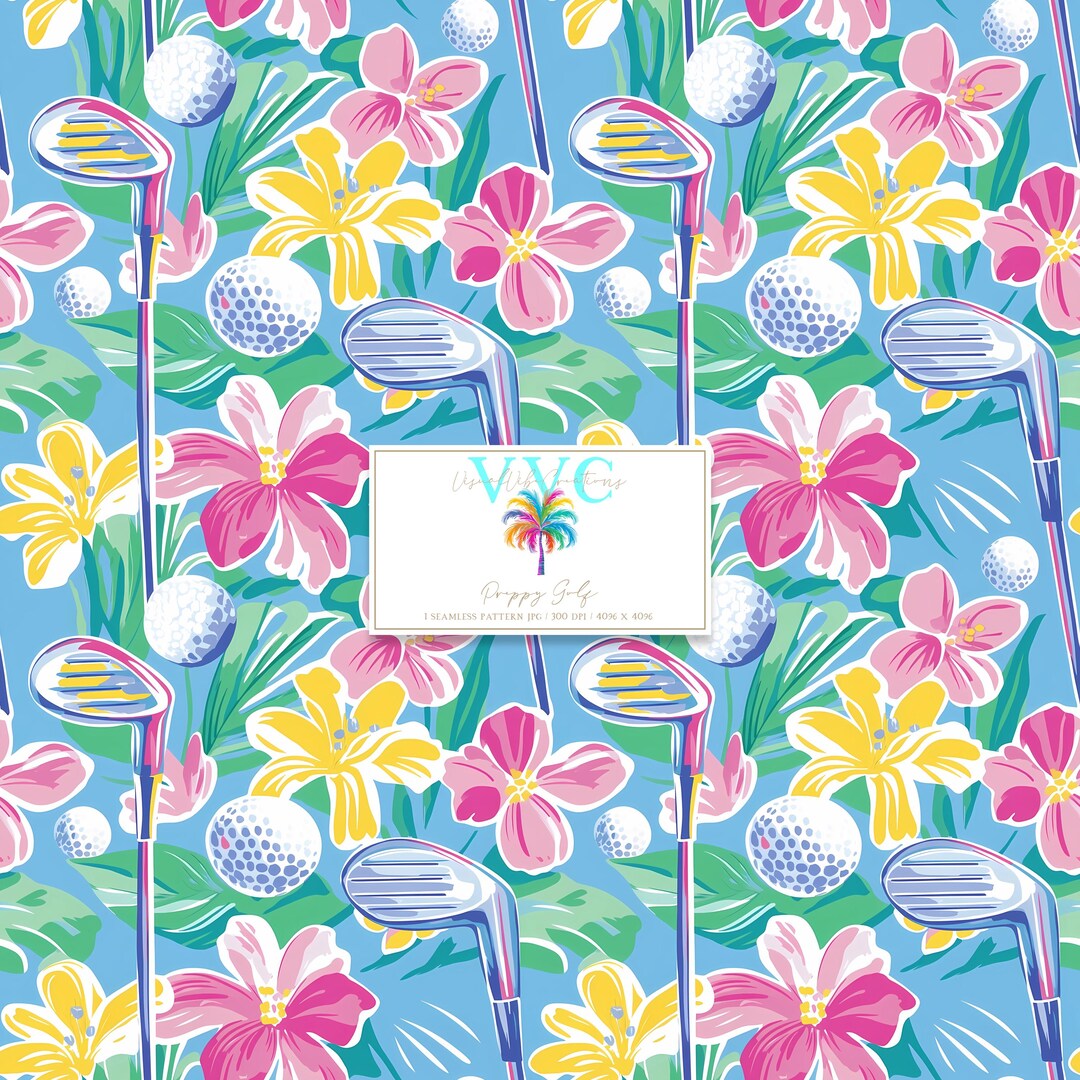 Preppy Golf Digital Paper - 1 Seamless Pattern, Tropical Golf Clubs ...
