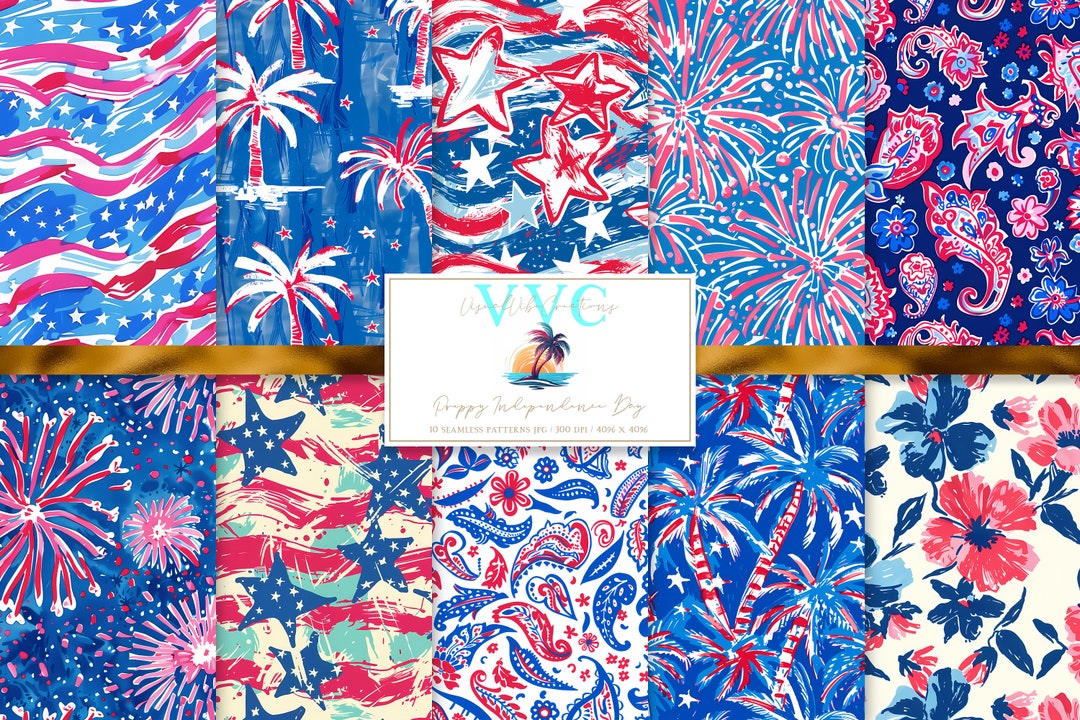 Preppy Independence Day Digital Paper, 10 Seamless Patterns for ...