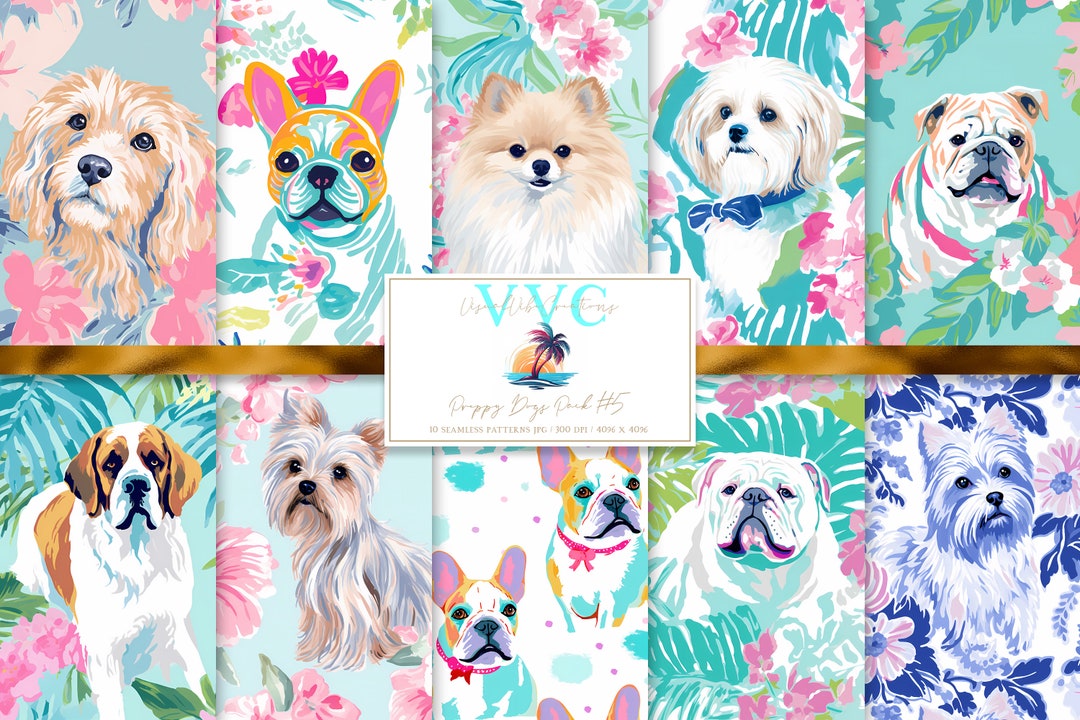 Preppy Dogs Pack #5 Digital Paper, 10 Seamless Patterns for Printable ...