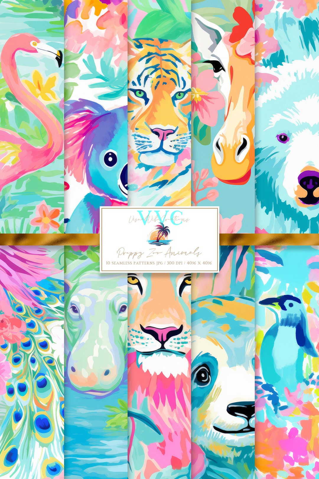 Preppy Zoo Animals Digital Paper, 10 Seamless Patterns for Printable ...
