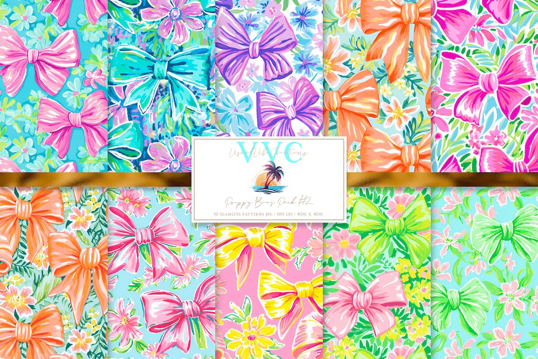 Preppy Bows Pack #2 Digital Paper, 10 Seamless Colorful Patterns for ...