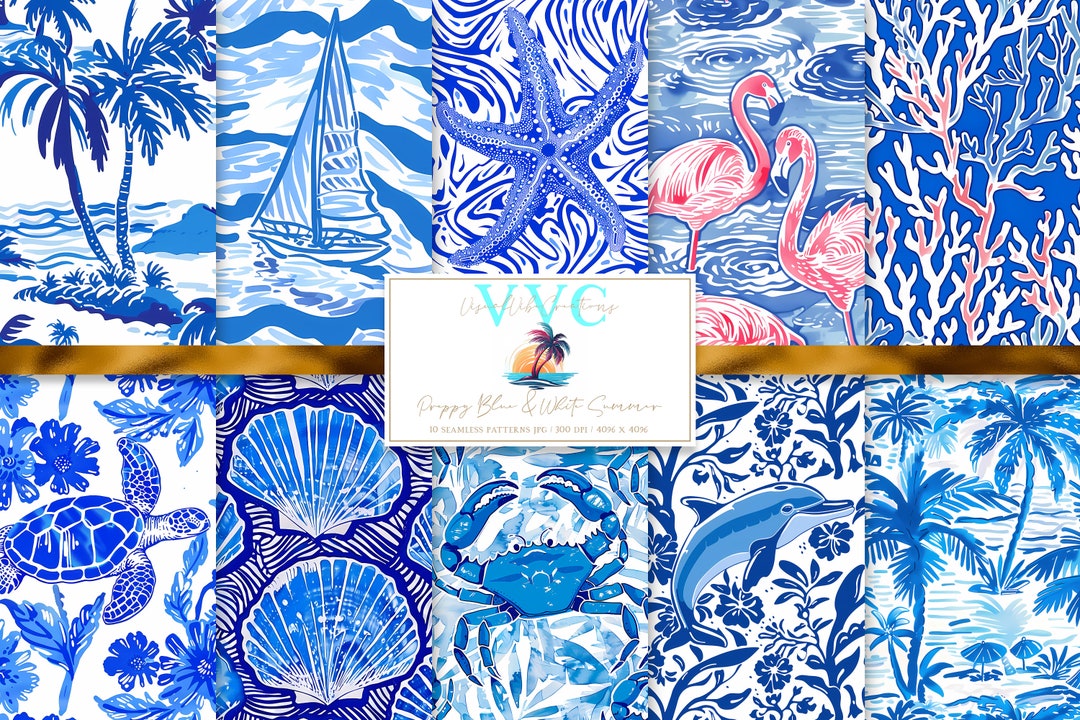 Preppy Blue & White Summer Digital Paper, 10 Seamless Patterns for ...