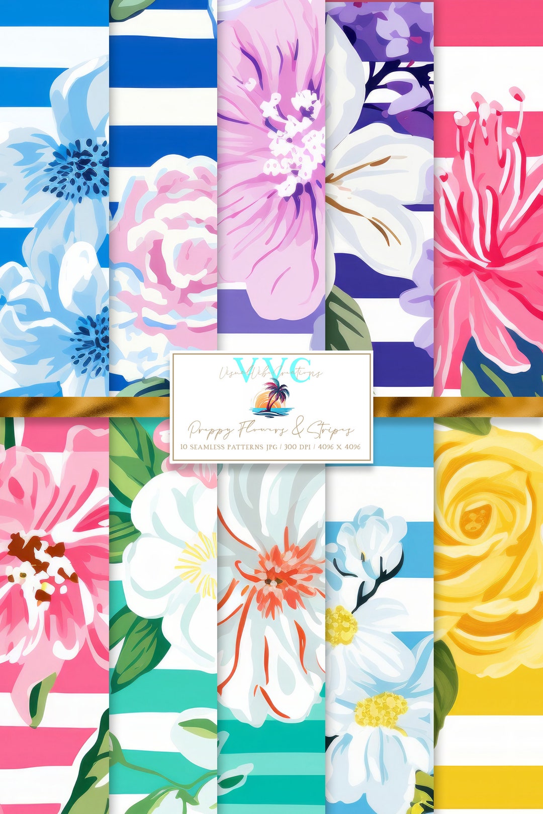 Preppy Flowers & Stripes Digital Paper, 10 Seamless Patterns for ...