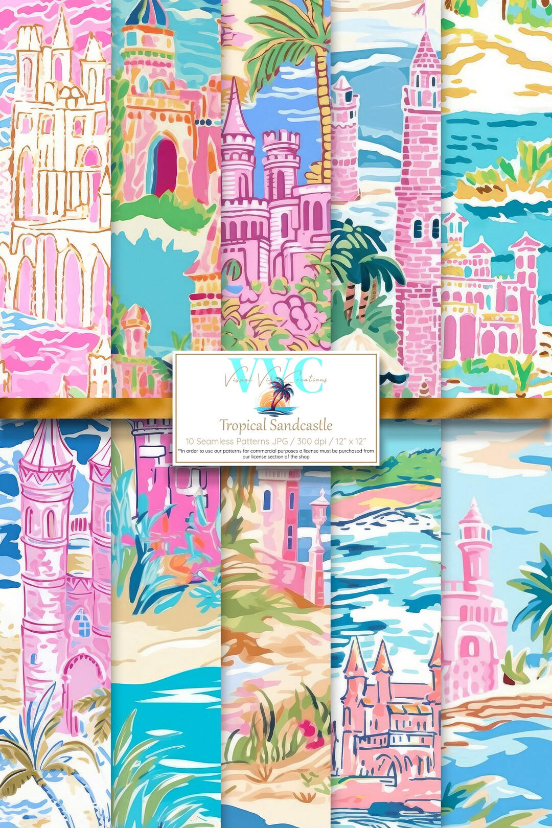 Tropical Sandcastle Digital Paper, 10 Seamless Preppy Colorful Patterns ...