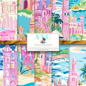 Tropical Sandcastle Digital Paper, 10 Seamless Preppy Colorful Patterns ...
