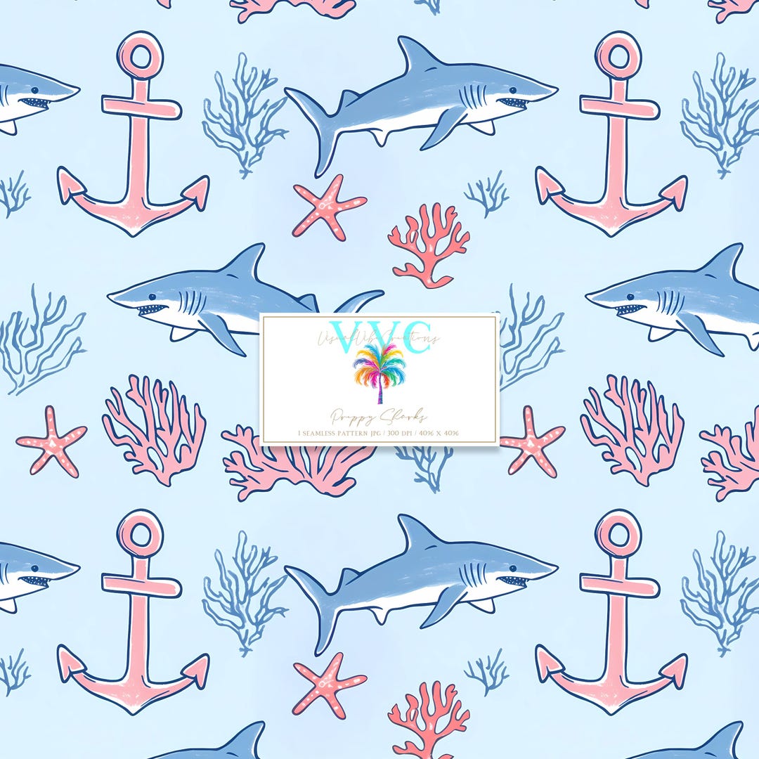 Preppy Sharks Digital Paper, 1 Seamless Pattern for Scrapbook Paper ...