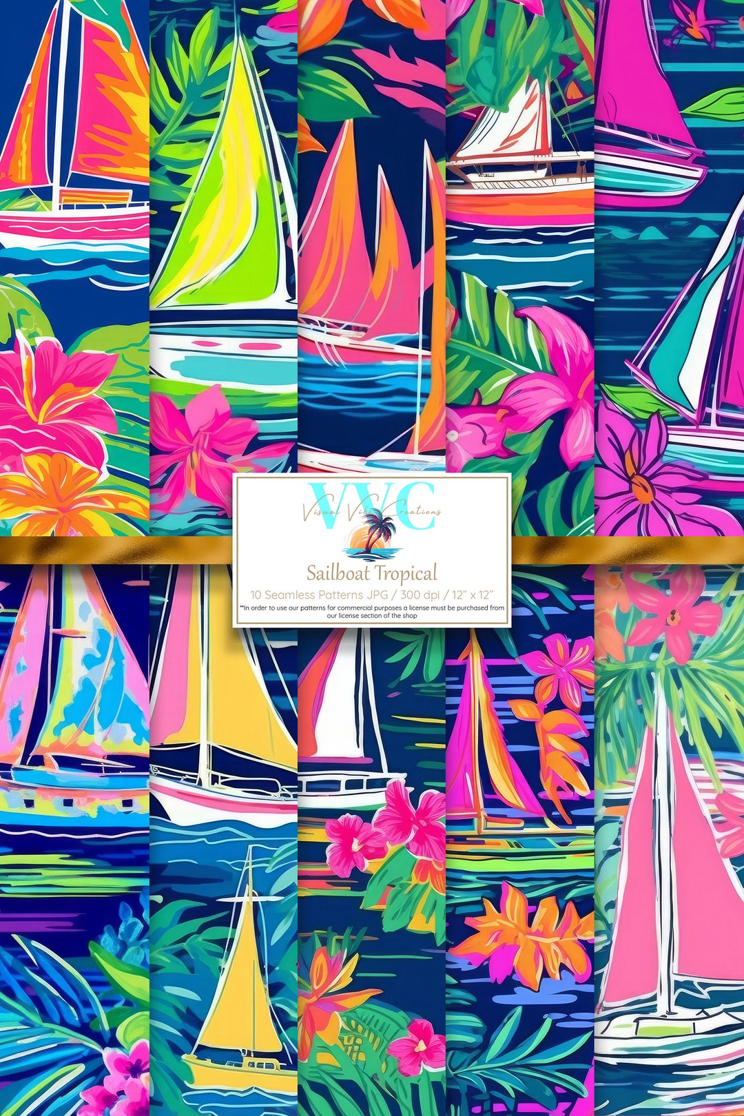 Sailboat Tropical Digital Paper, 10 Seamless Preppy Colorful Floral ...