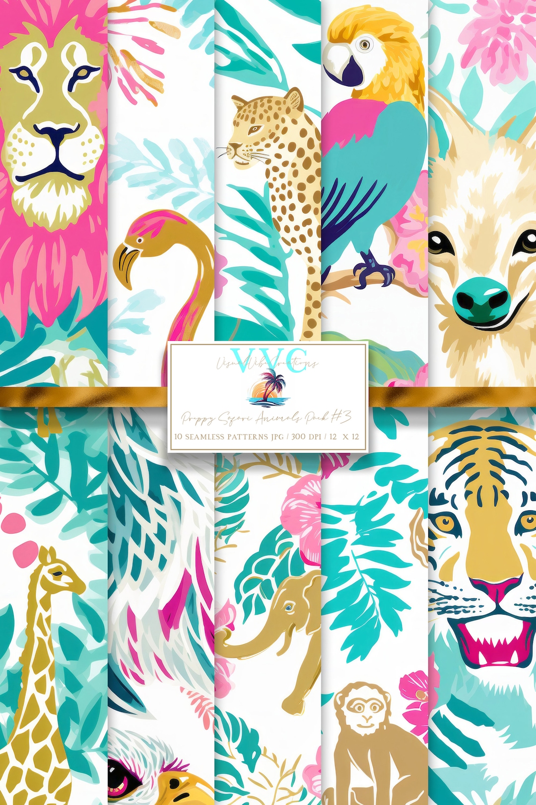 Preppy Safari Animals Pack #3 Digital Paper, 10 Seamless Preppy ...