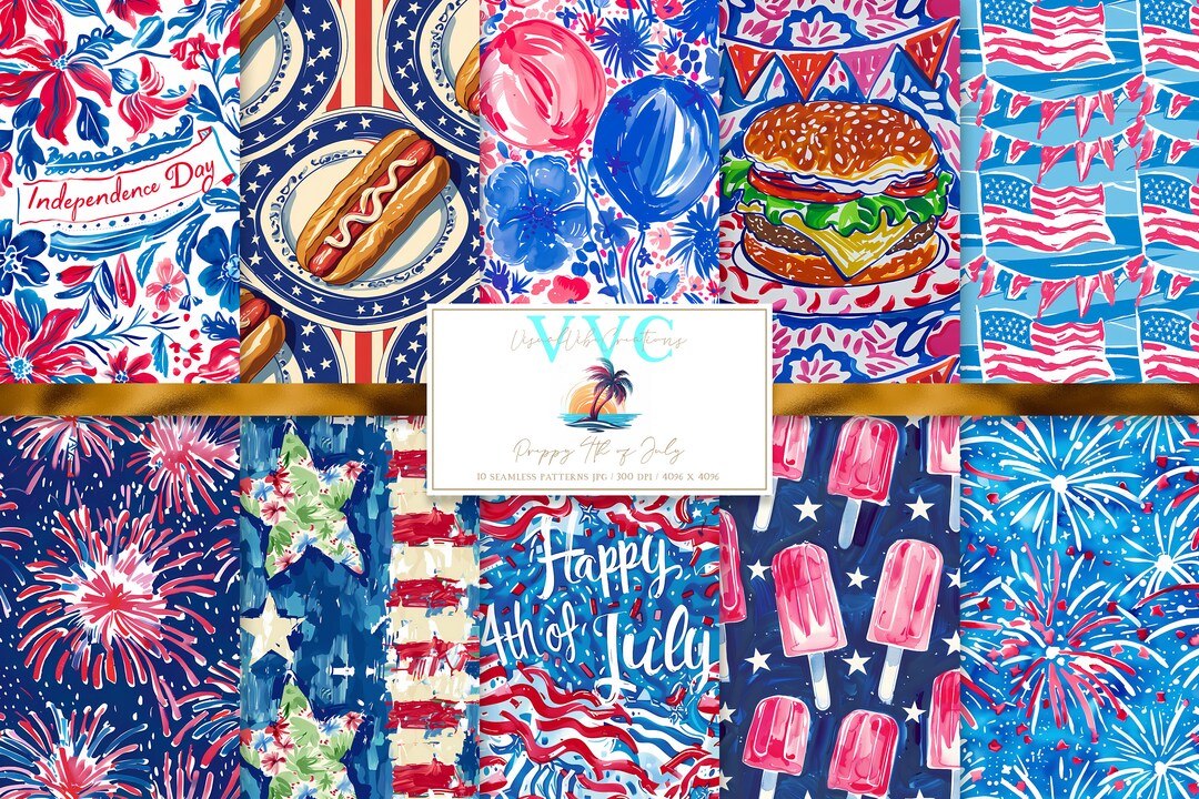 Preppy 4th of July Digital Paper, 10 Seamless Beach Patterns for ...