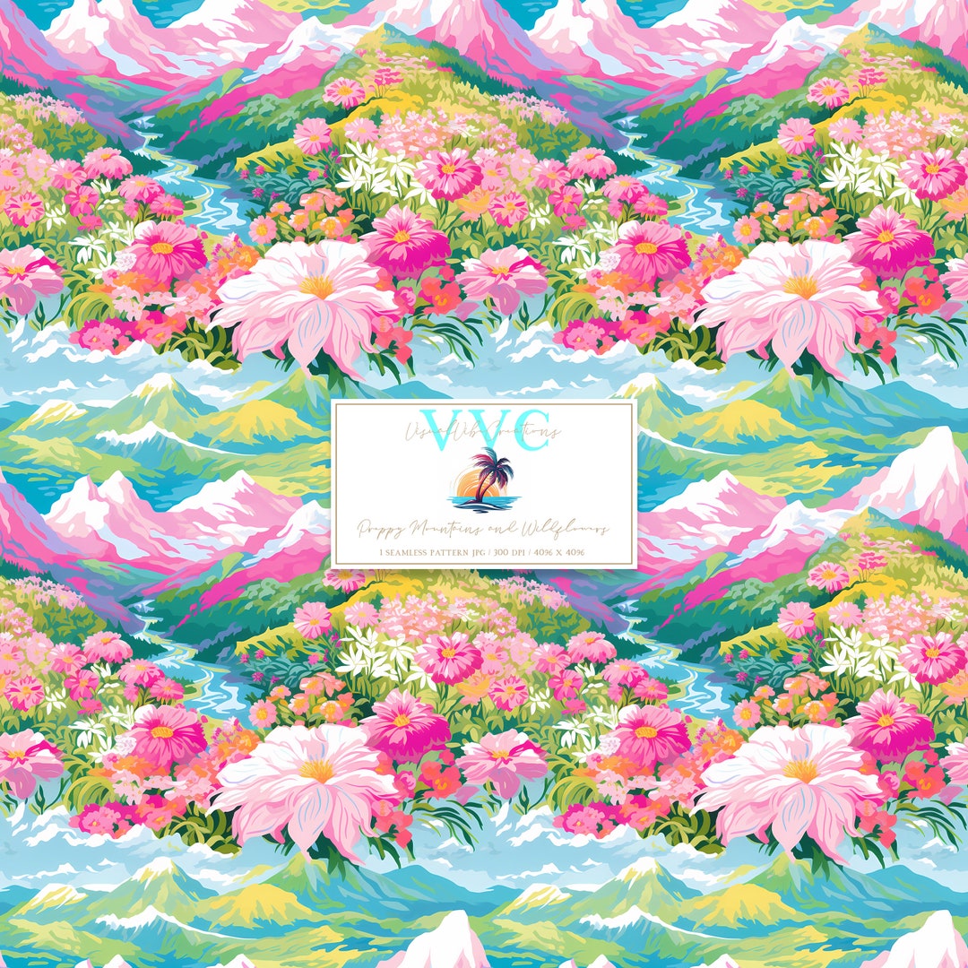 Preppy Mountains & Wildflowers Digital Paper, 1 Seamless Pattern for ...