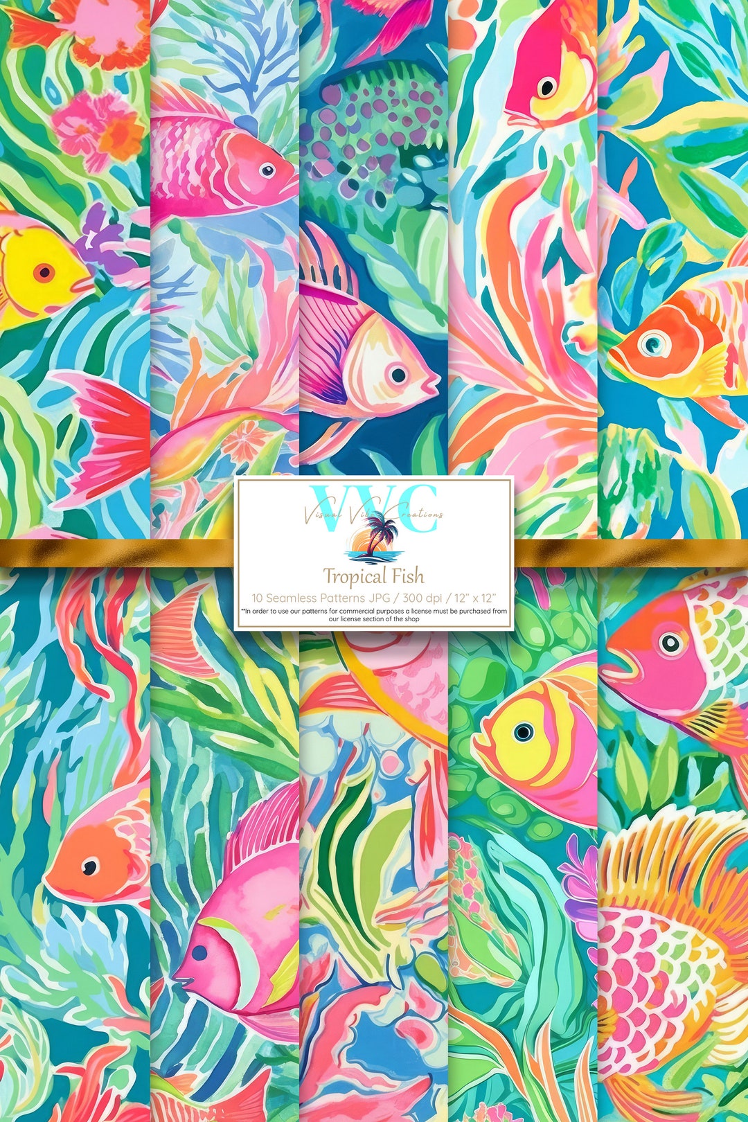 Tropical Fish Digital Paper, 10 Seamless Preppy Colorful Beach Patterns ...