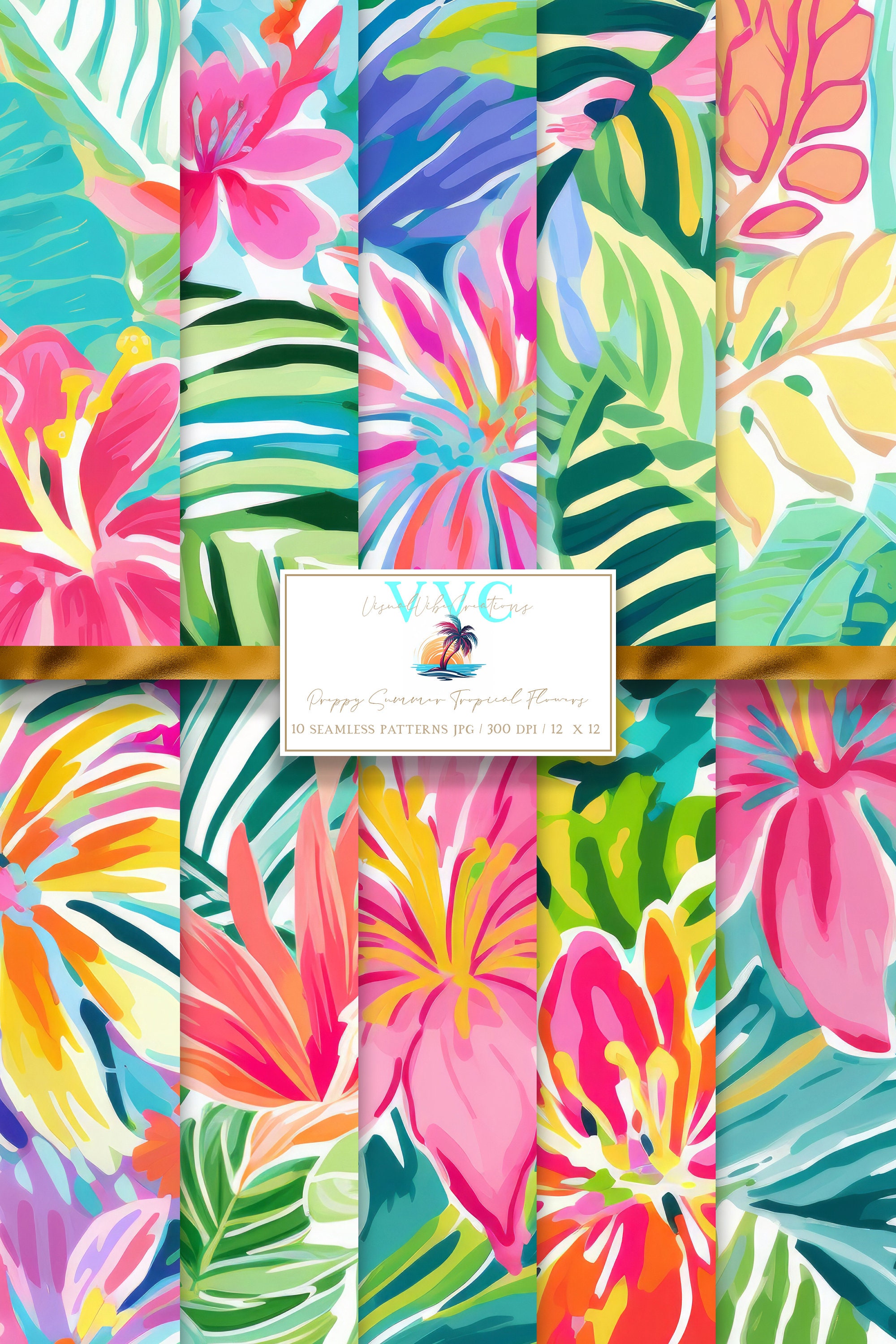 Preppy Summer Tropical Flowers Digital Paper, 10 Seamless Patterns for ...