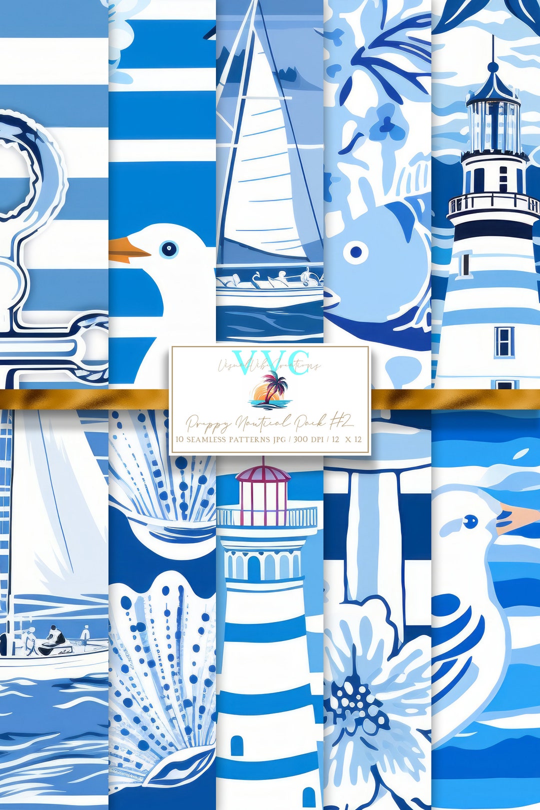 Preppy Nautical Pack 2 Digital Paper, 10 Seamless Patterns for ...