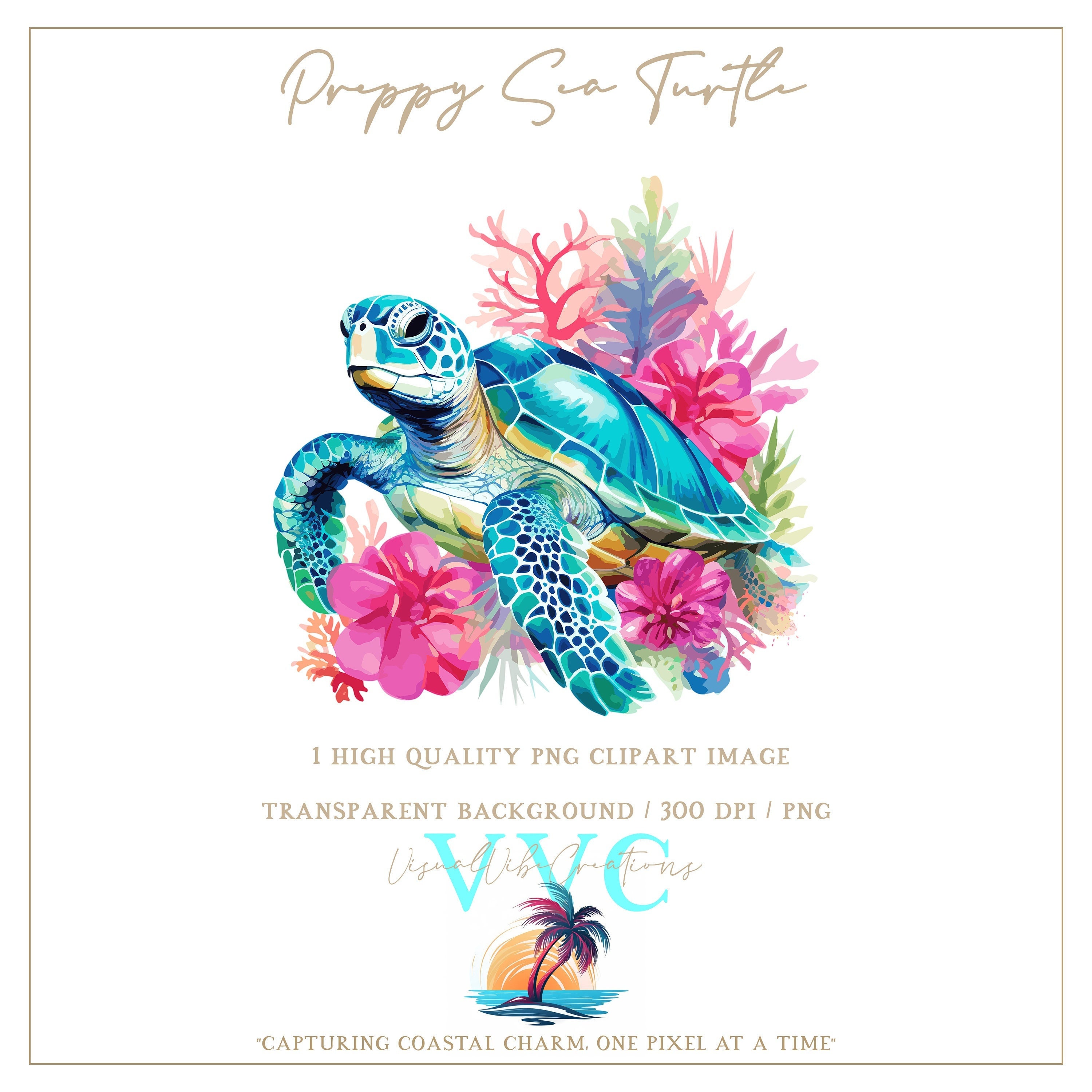 Preppy Sea Turtle Clip Art - Transparent Background in PNG - Turtle ...