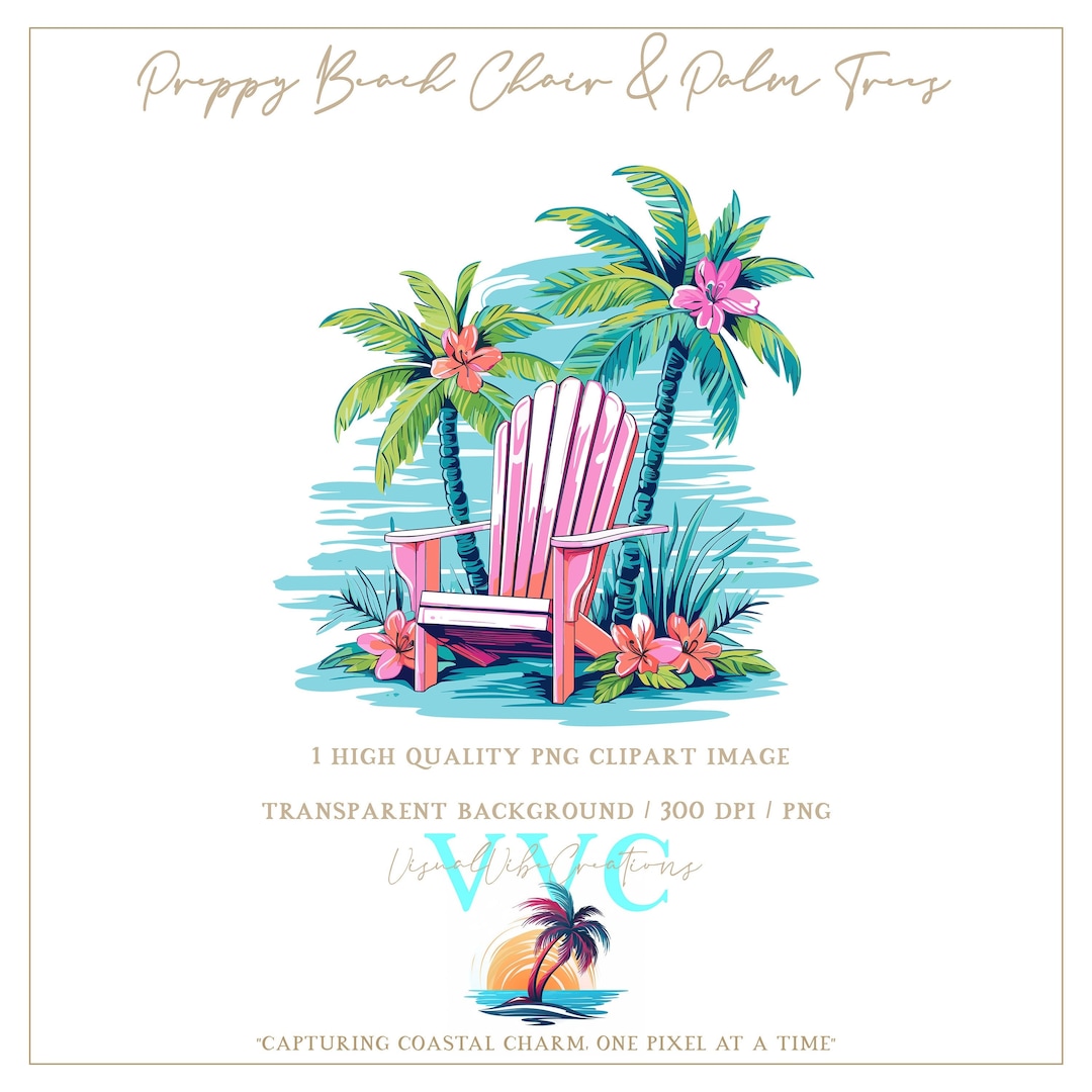 Preppy Beach Chair & Palm Trees Clip Art - Transparent Background in ...