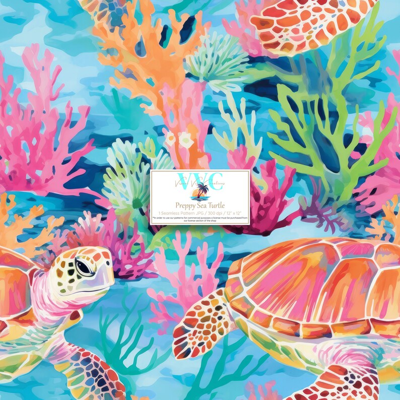 Preppy Sea Turtle Digital Paper, 1 Seamless Pattern for Printable ...