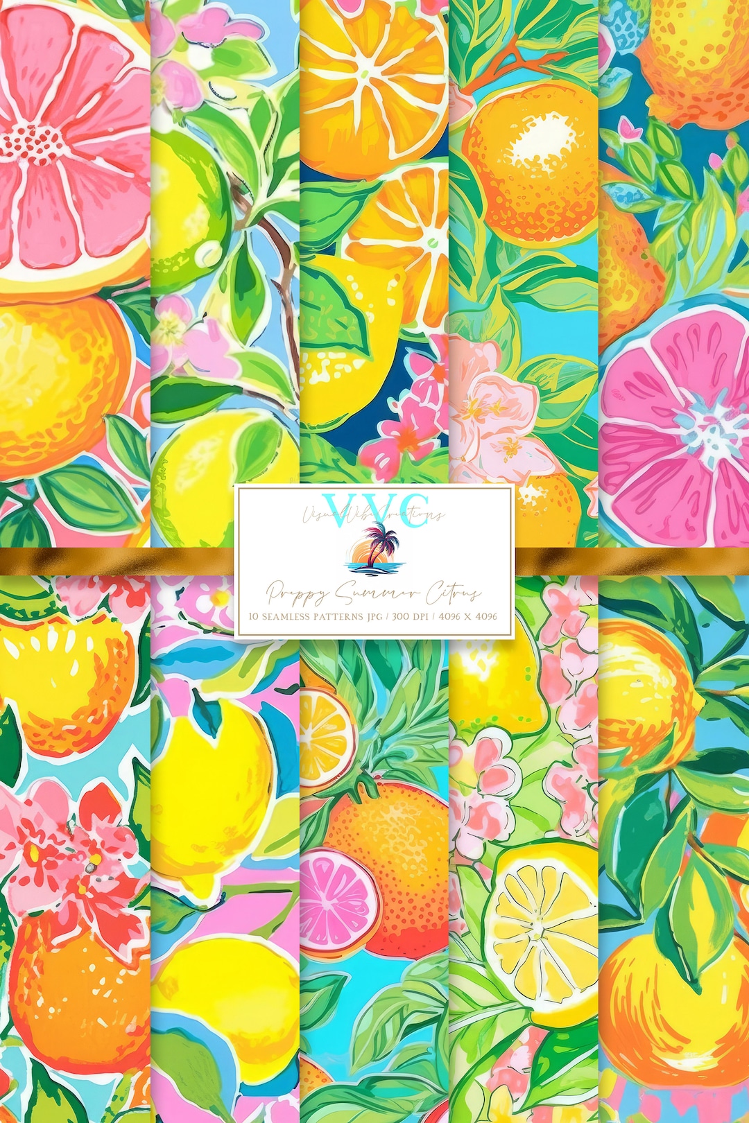 Preppy Summer Citrus Digital Paper, 10 Seamless Patterns for Printable ...
