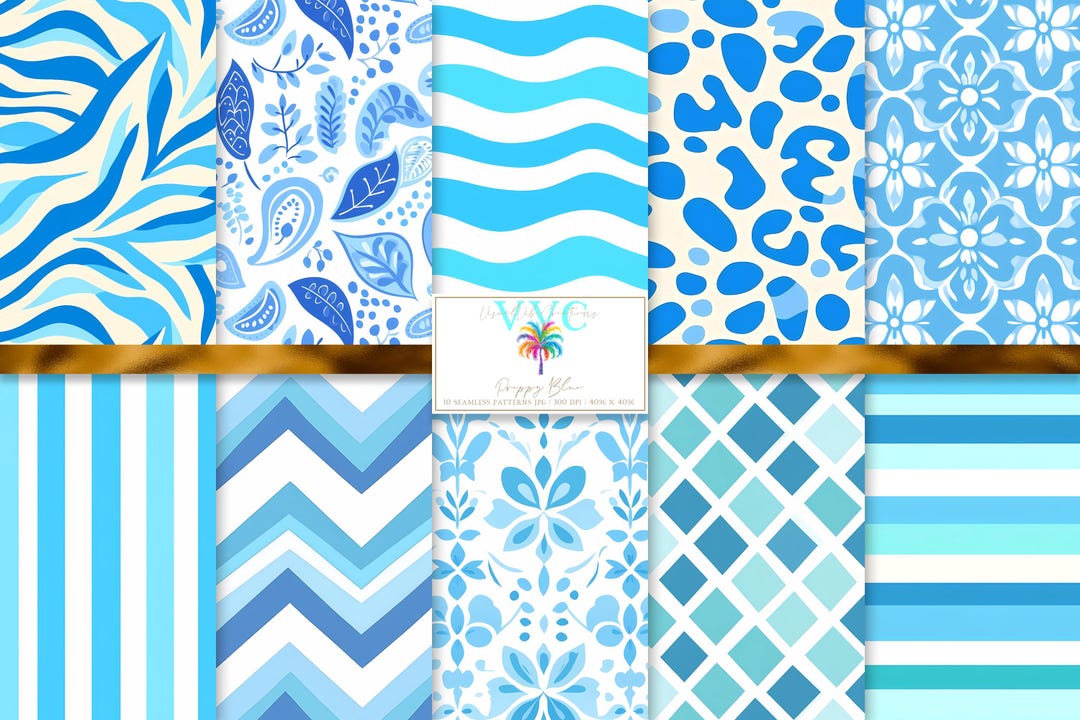Preppy Blue Digital Paper, 10 Seamless Patterns for Printable Scrapbook ...