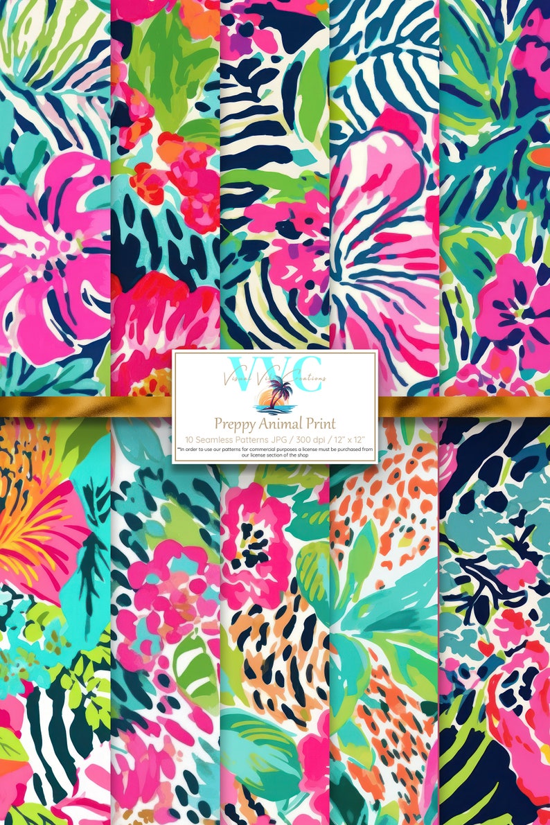 Preppy Animal Print Digital Paper 10 Seamless Floral Patterns - Etsy