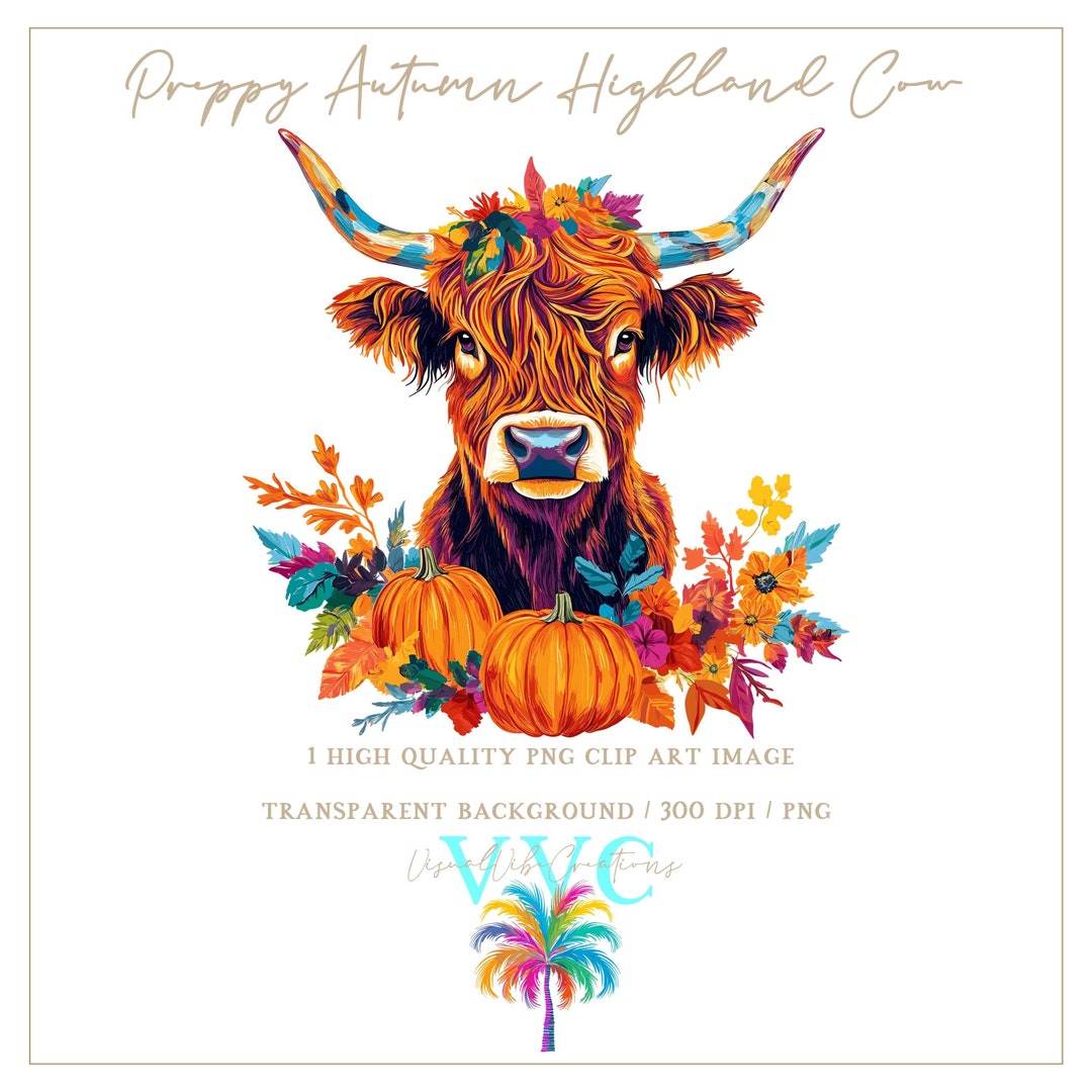 Preppy Autumn Highland Cow Clip Art - Transparent Background in PNG ...