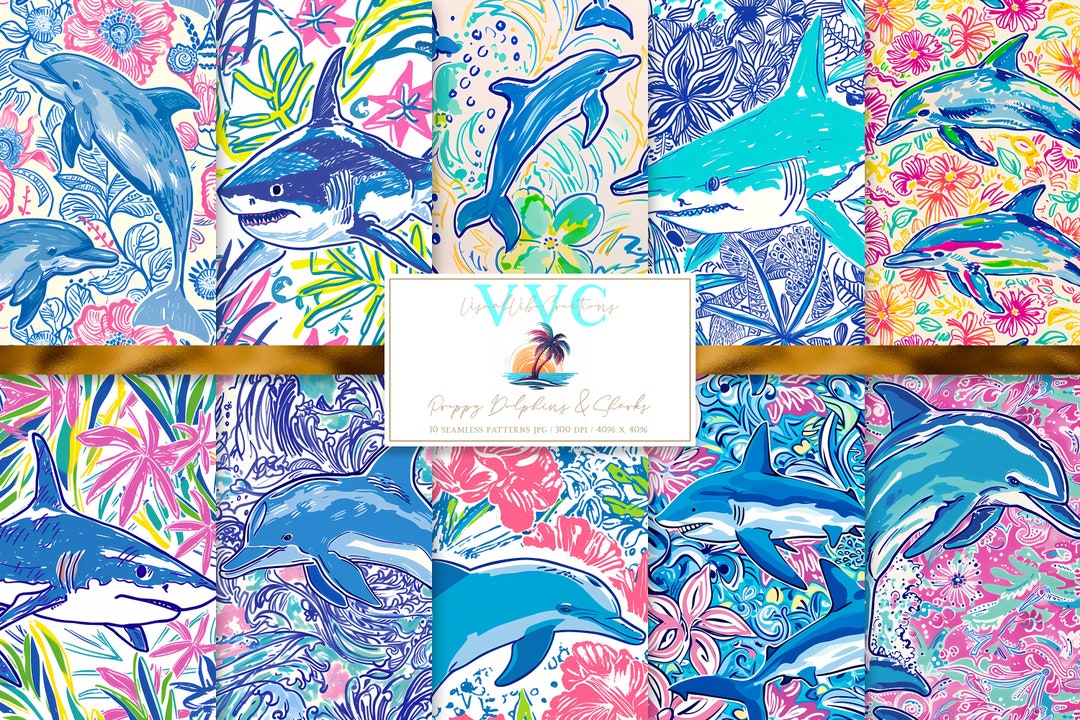 Preppy Dolphins & Sharks Digital Paper, 10 Seamless Patterns for ...