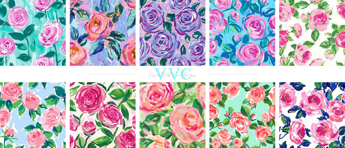 Preppy Roses Digital Paper, 10 Seamless Colorful Patterns for Printable ...